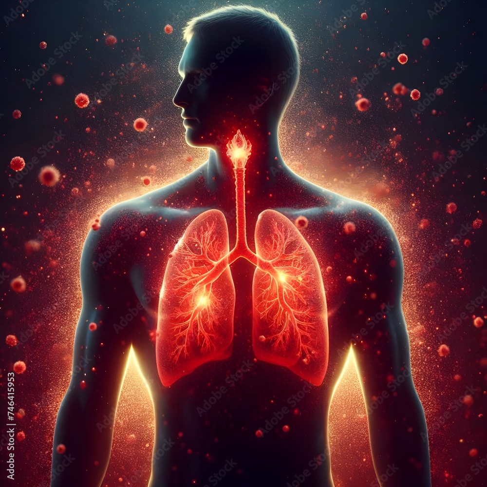 Human male silhouette with red lungs glowing, pollen grains floating ...