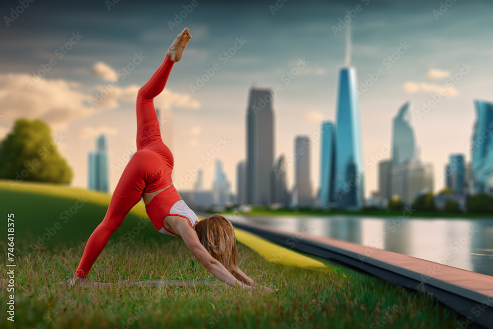 Portrait of fit flexible woman doing vertical split in modern urban ...