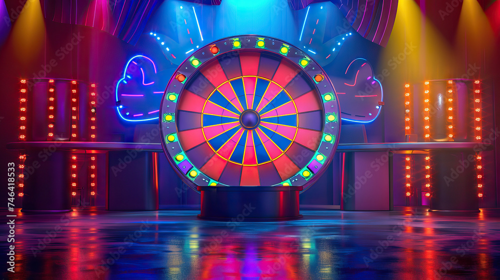 Colorful Game Show Wheel with Contestant Stands and Host Desk. Concept ...