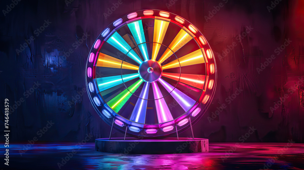 Colorful Game Show Wheel with Contestant Stands and Host Desk. Concept ...