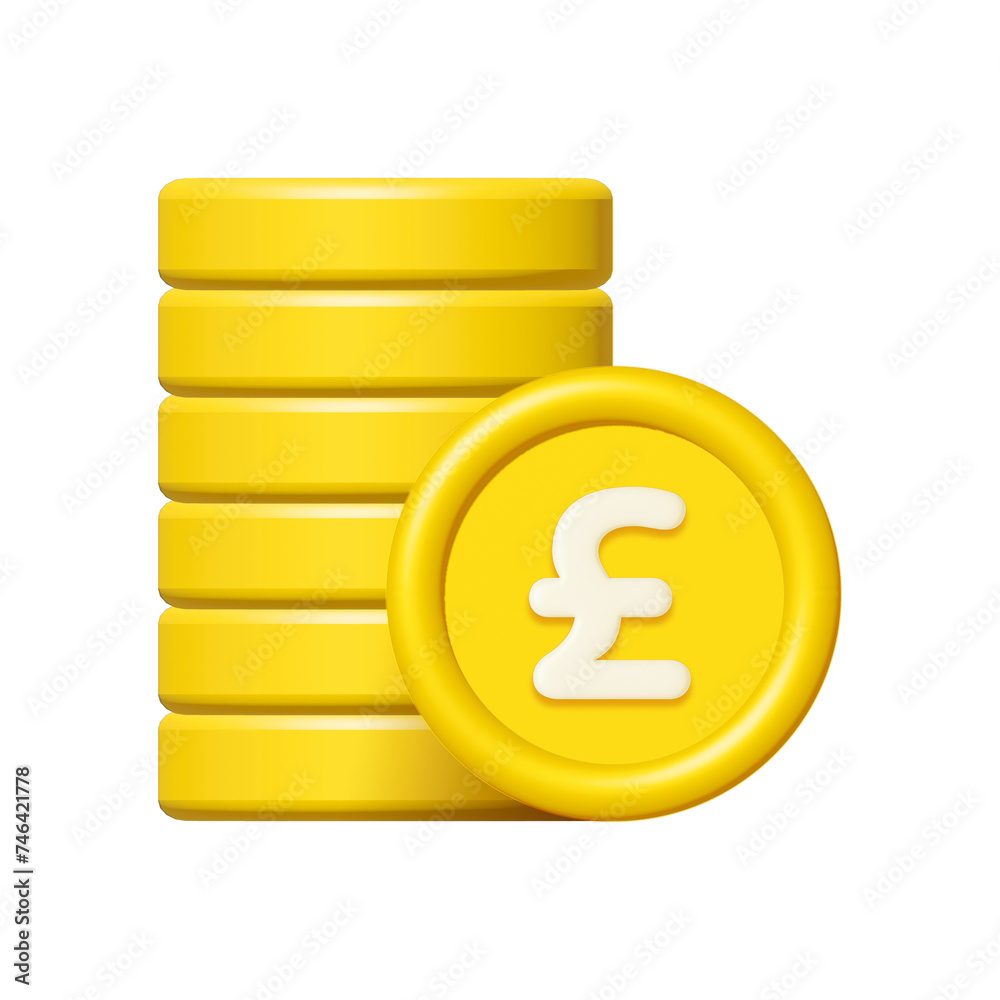 3d stack of gold british pound coins isolated on white background ...