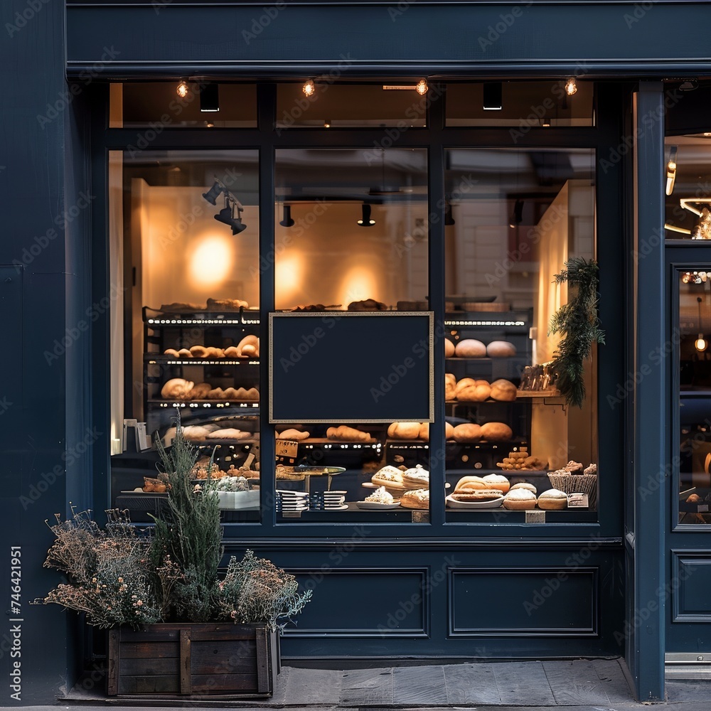shows the exterior of a stylish, dark blue storefront, presumably of a ...