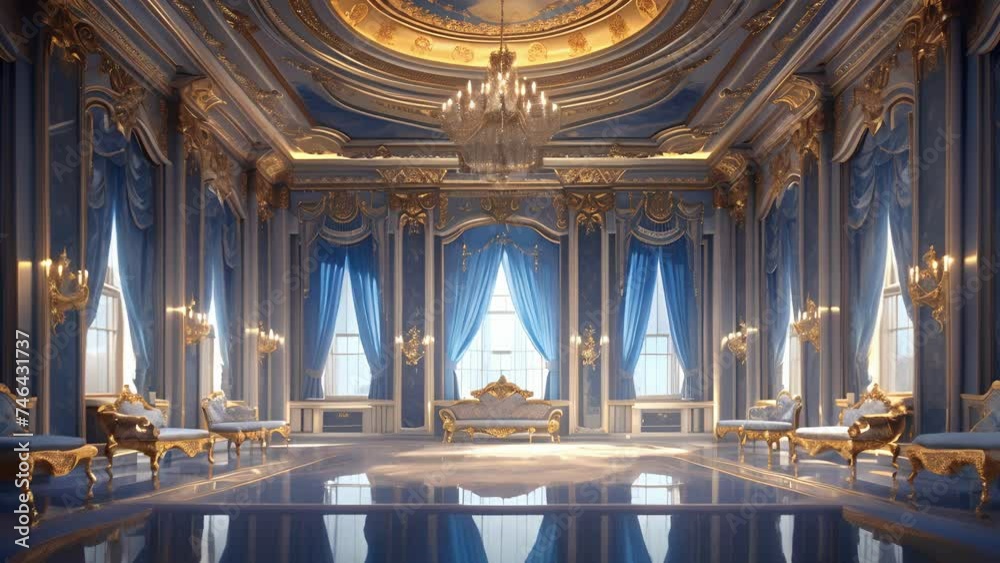 Background The grand throne room of a palace with regal thrones and a ...