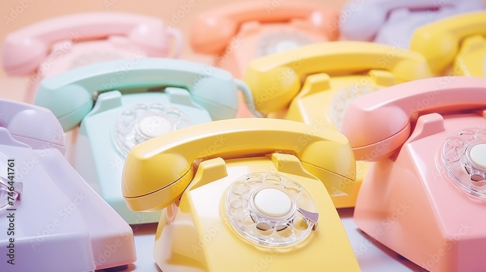 Vintage classic rotary dial phones. Pastel colour palette. Retro ...