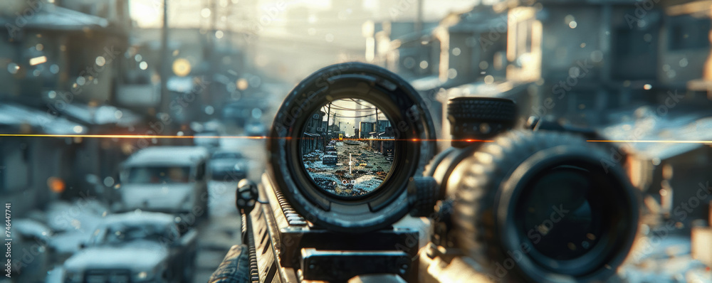 Close-up action of a first-person shooter game, enemy in the crosshair ...