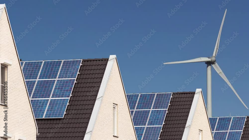 Horizontal pan of newly built Dutch houses with solar panels attached ...