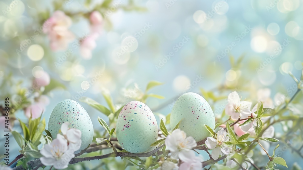 Pastel Easter eggs, flowering branches of a tree, with a backdrop of ...