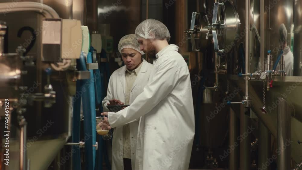 Medium shot of brewery workers checking batch of freshly brewed beer ...