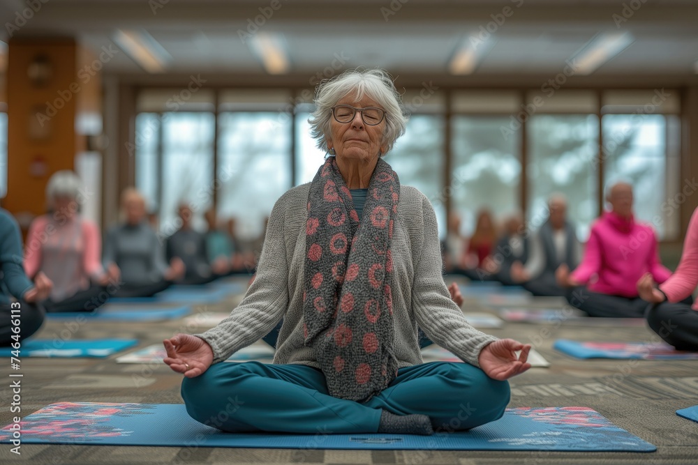 Chair Yoga Session: Participants in a chair yoga class, specifically ...