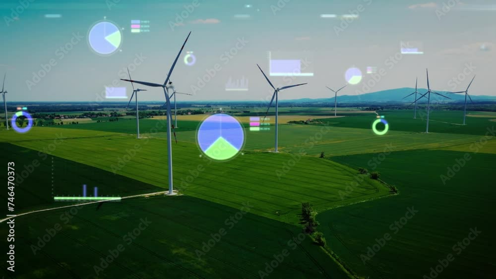 Aerial, background with windmills, graphic HUD display and graphs. Wind ...