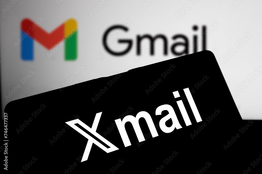 Dhaka, Bangladesh- 10 March 2024: Xmail logo is displayed on smartphone and Gmail logo on the ...