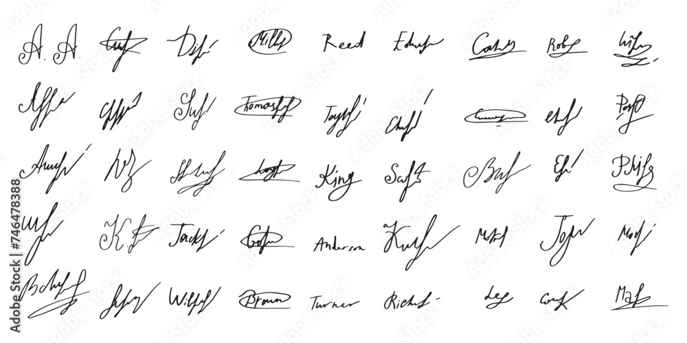 Set of handwritten signatures. Fake signatures for a business contract ...