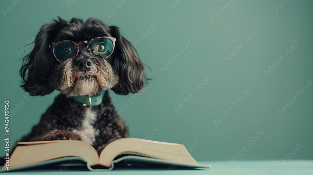 Inquisitive Black Cockapoo Puppy in Glasses Reading a Book. Back to ...