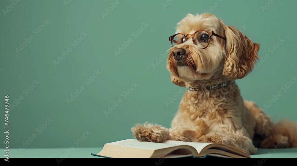 Inquisitive Cockapoo Puppy in Glasses Reading a Book. Back to School ...
