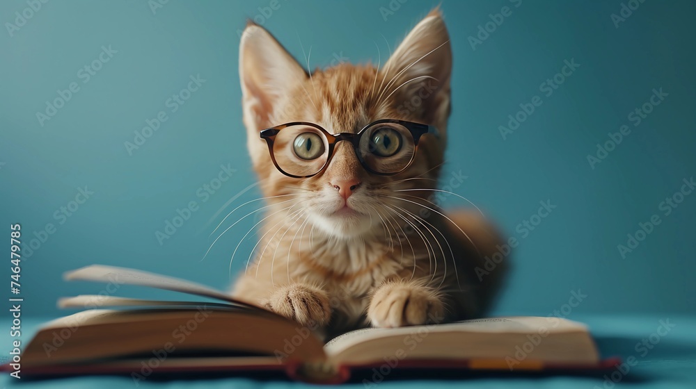 Ginger Tabby Kitten in Glasses Reading a Book. Back to School, Exam ...