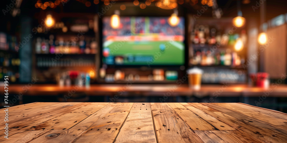 Empty wooden counter in sports bar or pub with blurred TV displays with ...