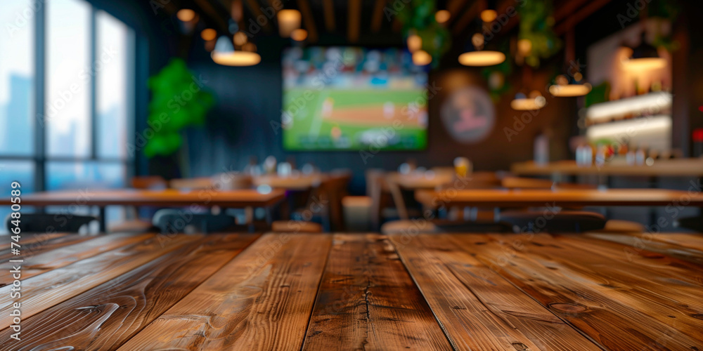 Empty wooden counter in sports bar or pub with blurred TV displays with ...