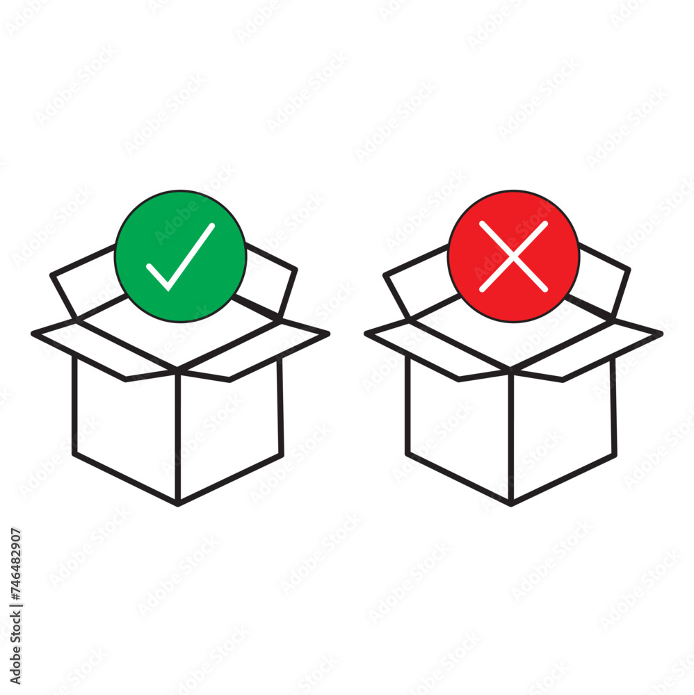Caja con tilde de concepto de aprobado y desaprobado. Icono vector ...