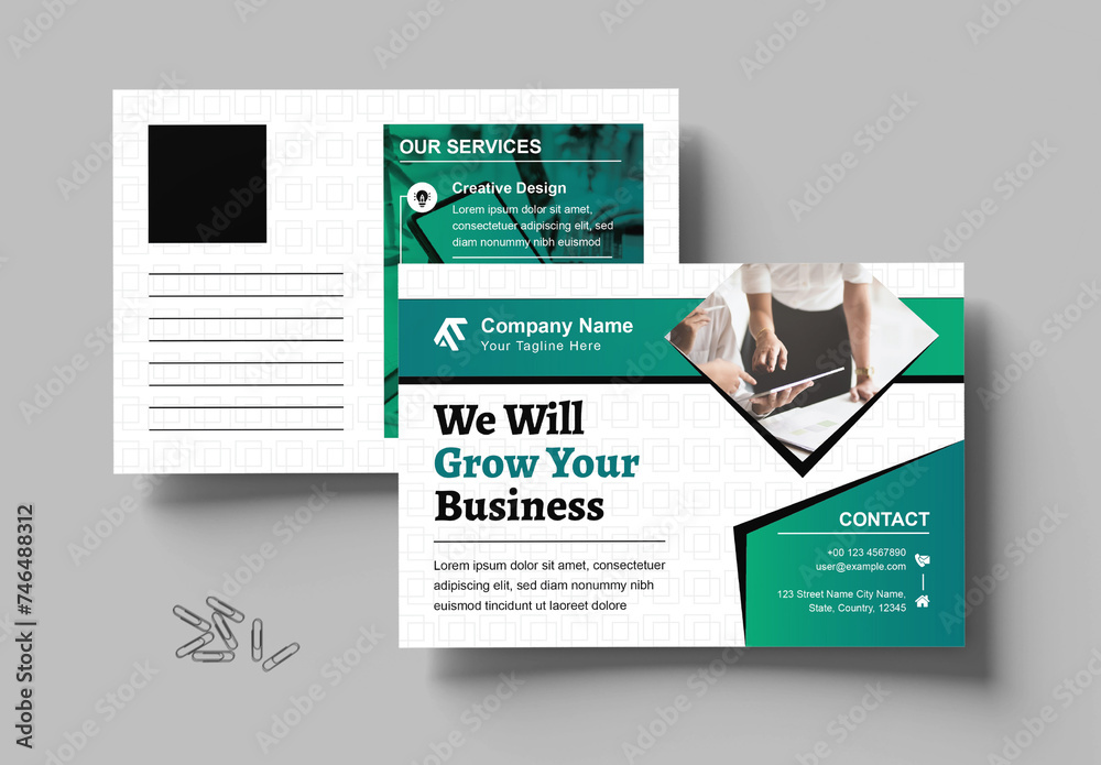 Postcard Layout With Green Accents Stock Template | Adobe Stock