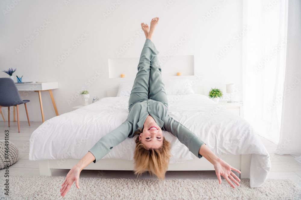 Full body size photo of young relaxed girl blonde hair model lying down ...