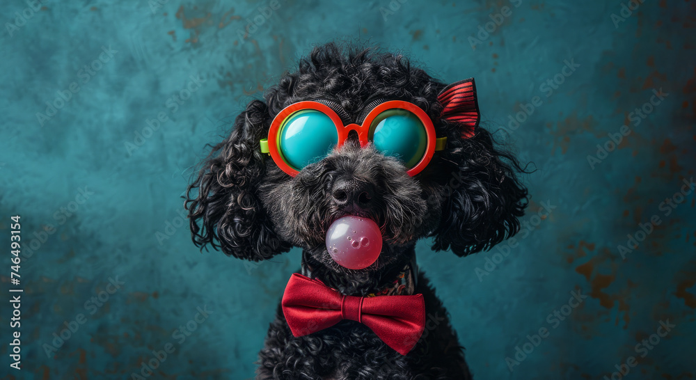 portrait of a black poodle blowing bubble gum. Dressed to impress with ...