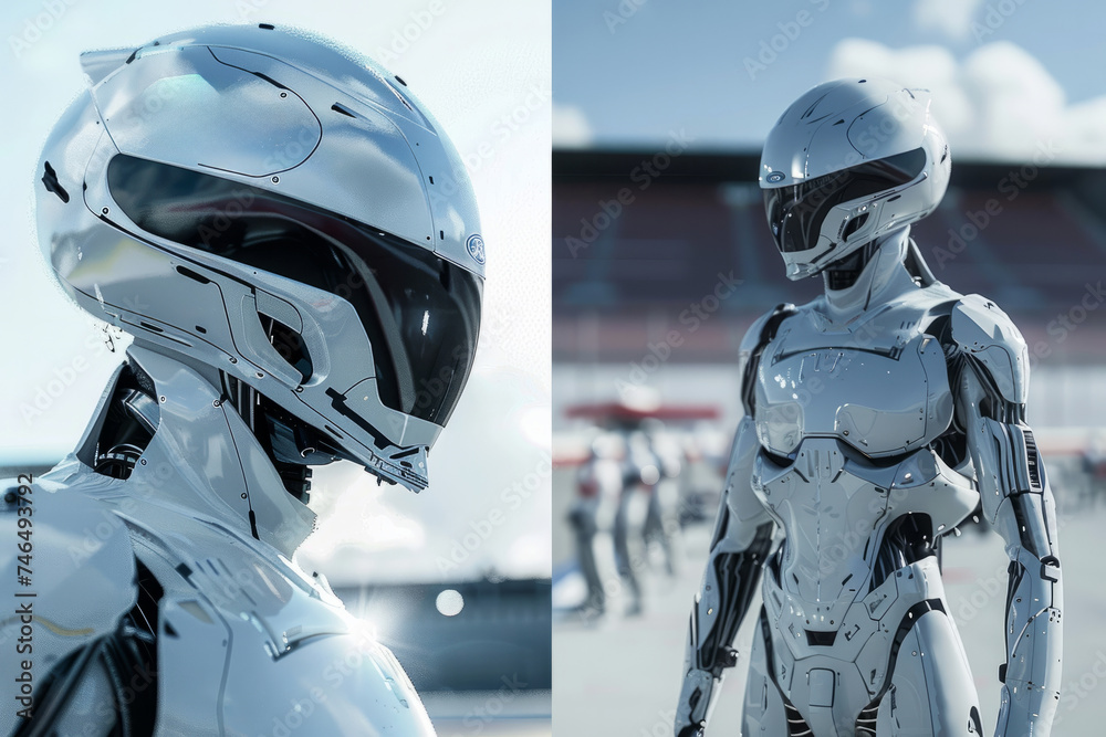 Man on the left in white alien cyborg warrior helmet, view of Nascar ...