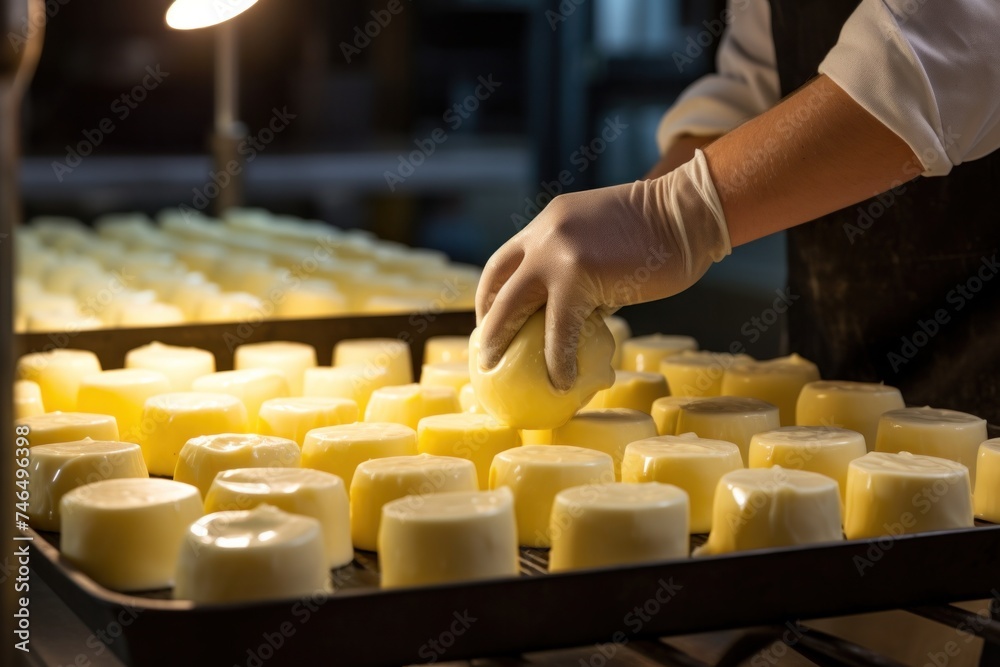 People pour fresh cheese curd into individual cheese molds in the ...