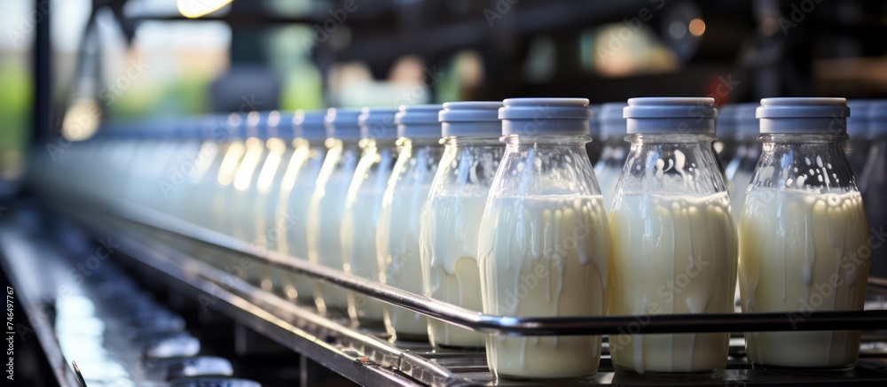 filling milk at a fresh milk production site, conveyor belt with glass ...