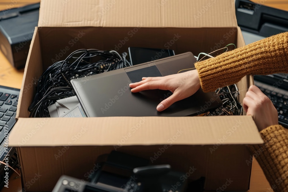 Woman hands put old laptop computer in cardboard box with old used tech ...