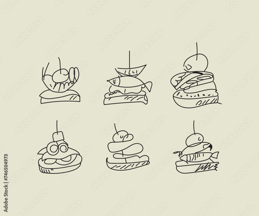 Finger food vector drawings. Food appetizer and snack sketch. Canapes ...