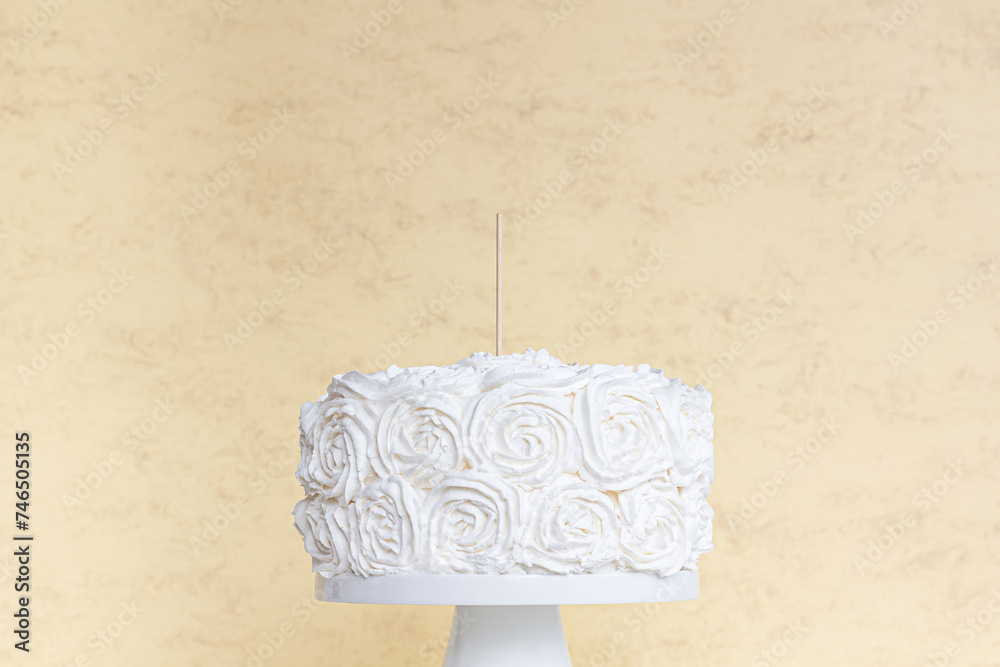 White cake and blank rustic background. Cake topper mockup with wooden ...