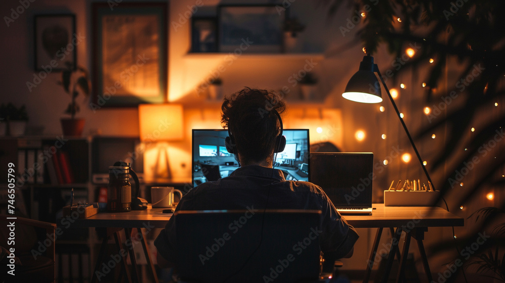 A professional making a late-night video conference call, with the ...