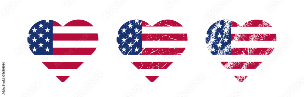 Retro style heart shape american flag set vector illustration. Usa ...