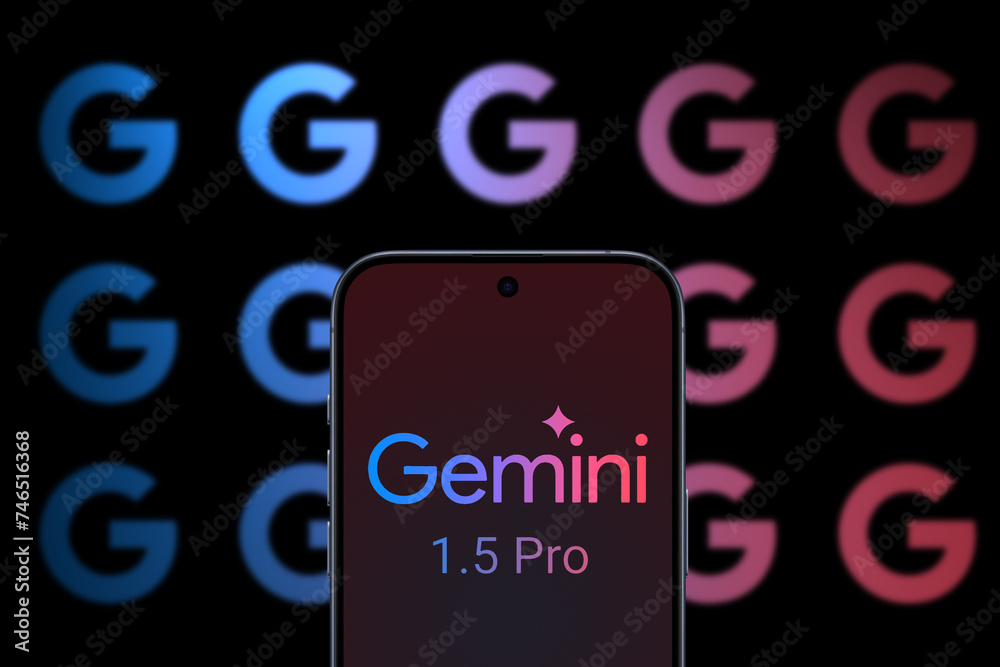 Gemini 1.5 Pro Logo is displayed on a modern smartphone, big Google Logos with gradient in the ...
