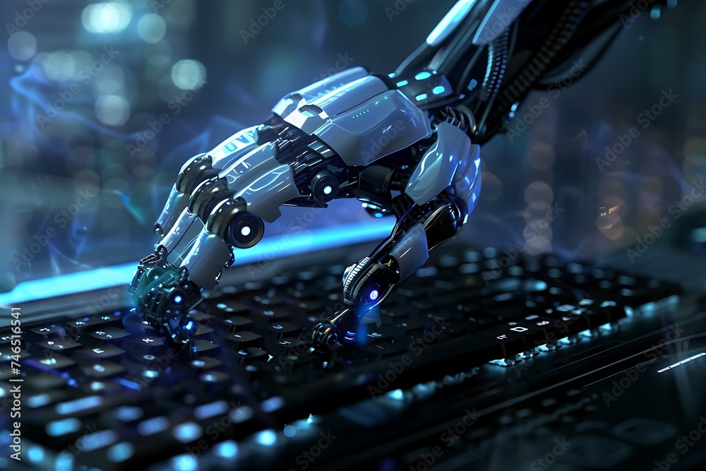 AI robot hands typing on keybord and working with laptop keyboard ...