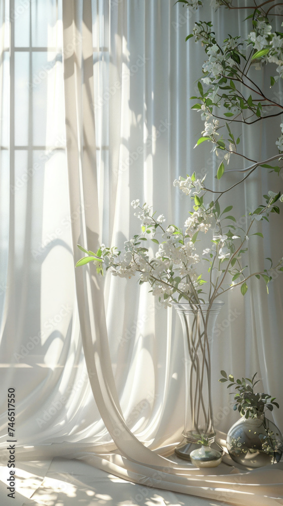 Big window in luxury house decorated with white curtain and spring ...
