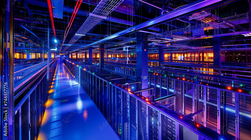 Digital Fortress: Secure Data Center Corridor. Long corridor view of an ...