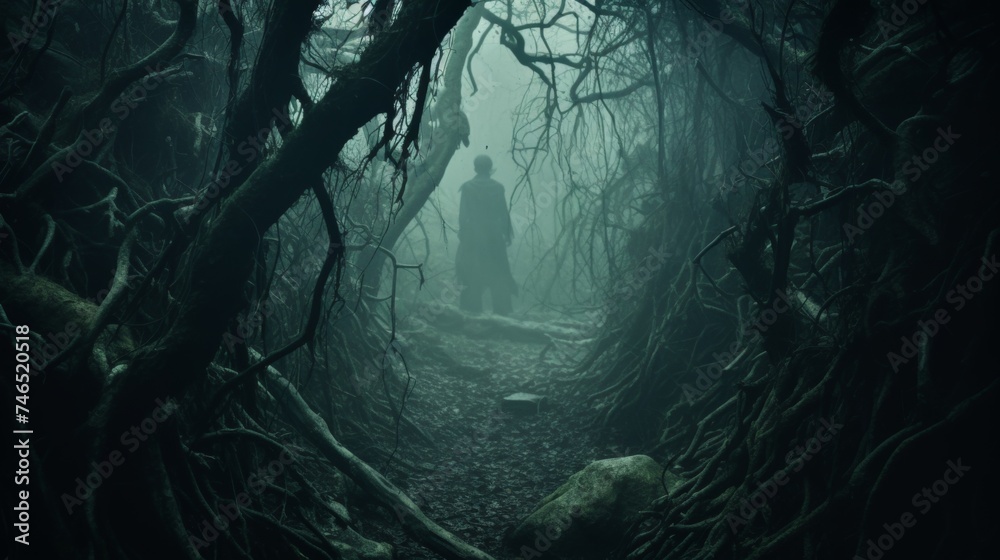Mysterious fairy tale forest enshrouded in mist with twisted trees and ...