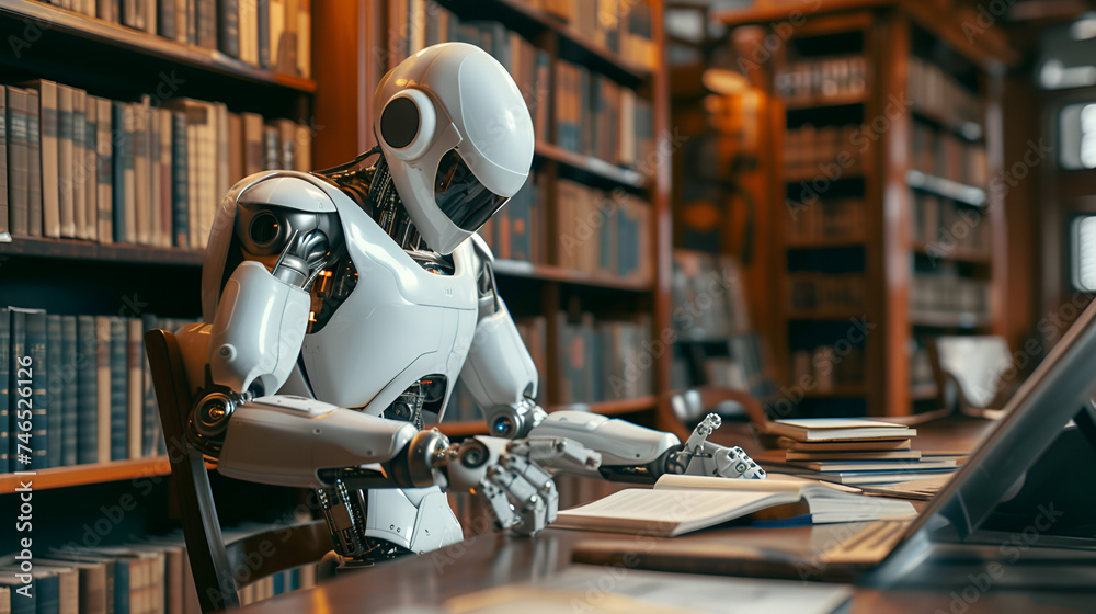 Humanoid robot studying in ibrary,A humanoid robot with expressive eyes ...