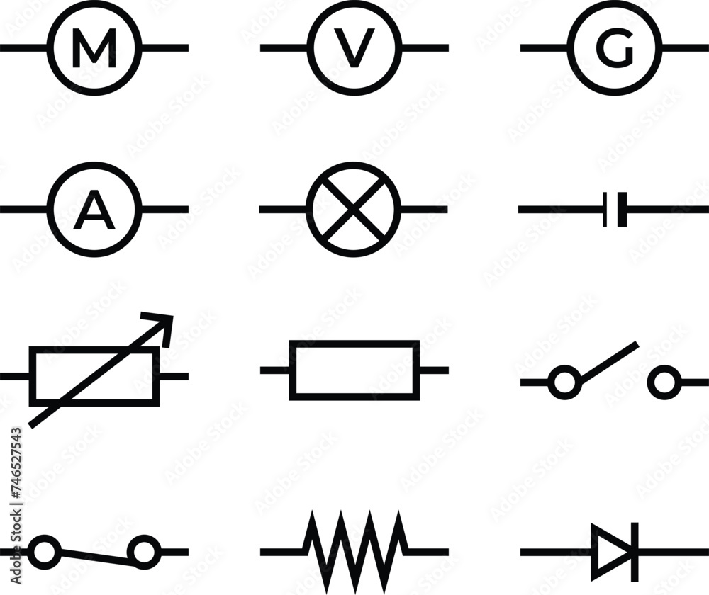 Physics Electronic Circuit Symbols, Icon Signs Stock Vector | Adobe Stock