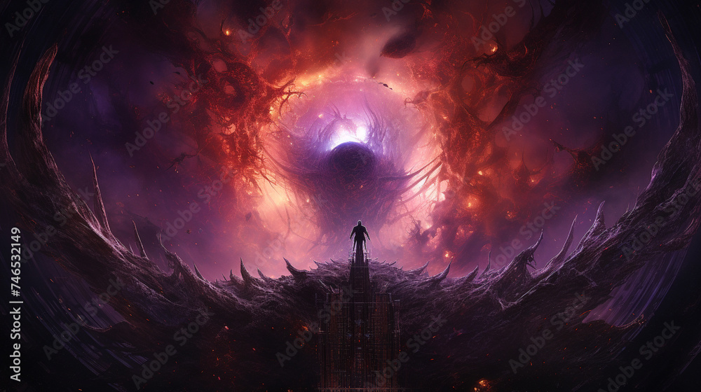 Space warlock a cosmic sword against a backdrop of a star-filled nebula ...