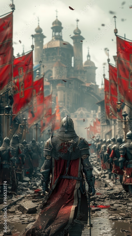 Create a hyper-realistic image depicting a farewell scene among Templar ...