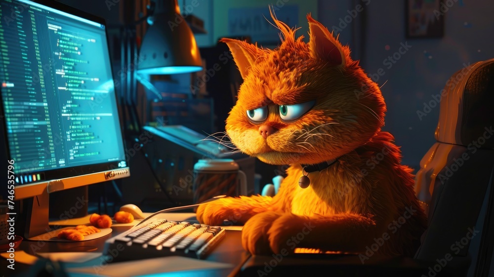 A Garfield is in front of a computer coding, staying up late, and has ...