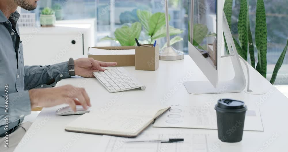 Angry businessman, hands and throwing equipment off desk for fault ...