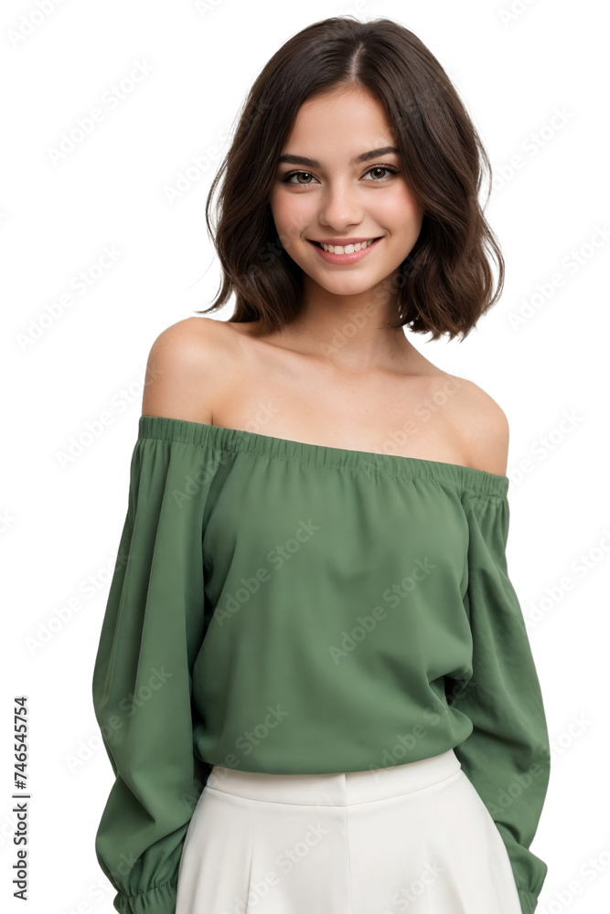 Young woman wearing green off-shoulder clothes posing at the camera ...