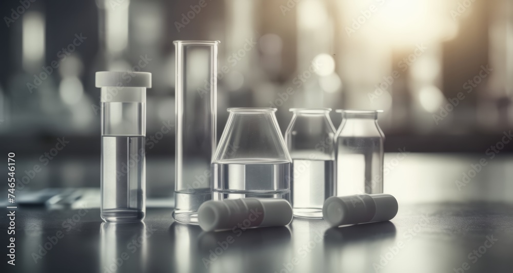 Clear glass beakers and flasks with white caps on a reflective surface ...