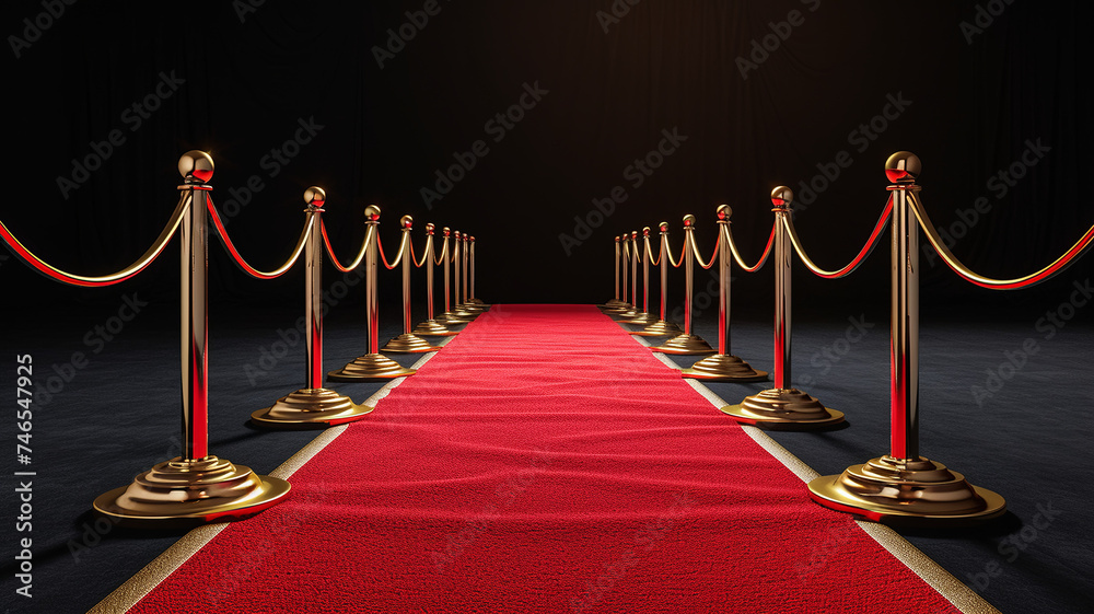 Red carpet and golden barrier on black background. red carpet. Space ...