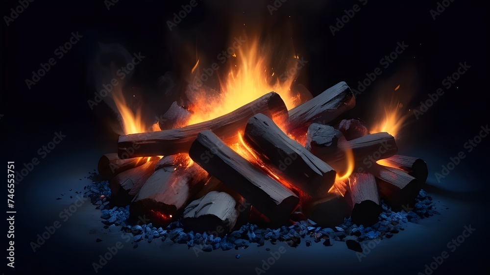 3- D , Glowing embers rising from a hidden fire source, casting warm ...