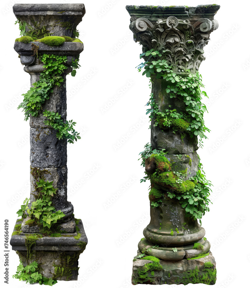 Ancient stone pillar covered with moss isolated on transparent ...