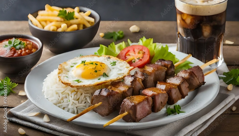 Churrasquinho. Comida brasileira. Espetinho de carne bovina com arroz ...